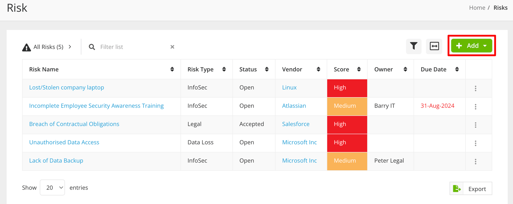 Add a Risk via the User Interface