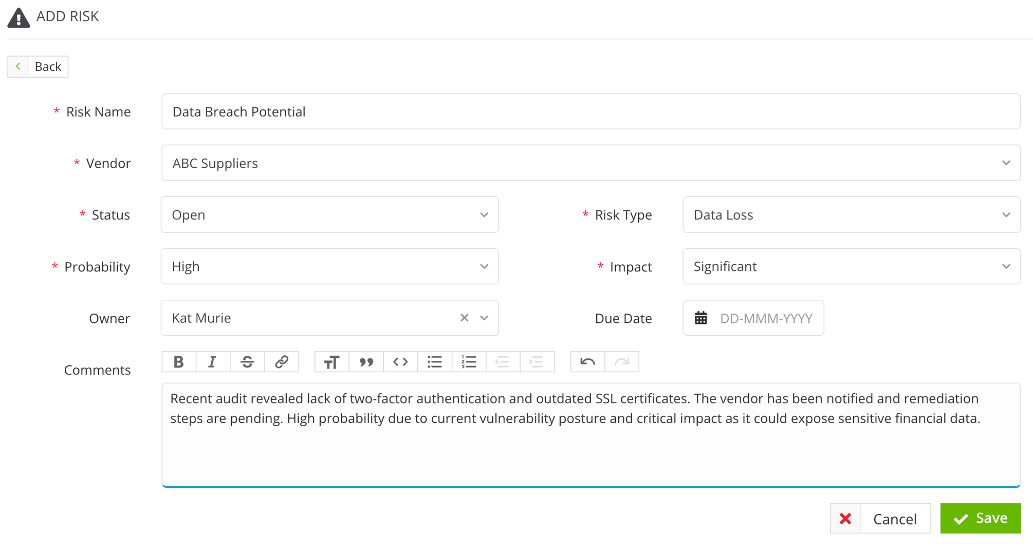 Add a Risk via the User Interface